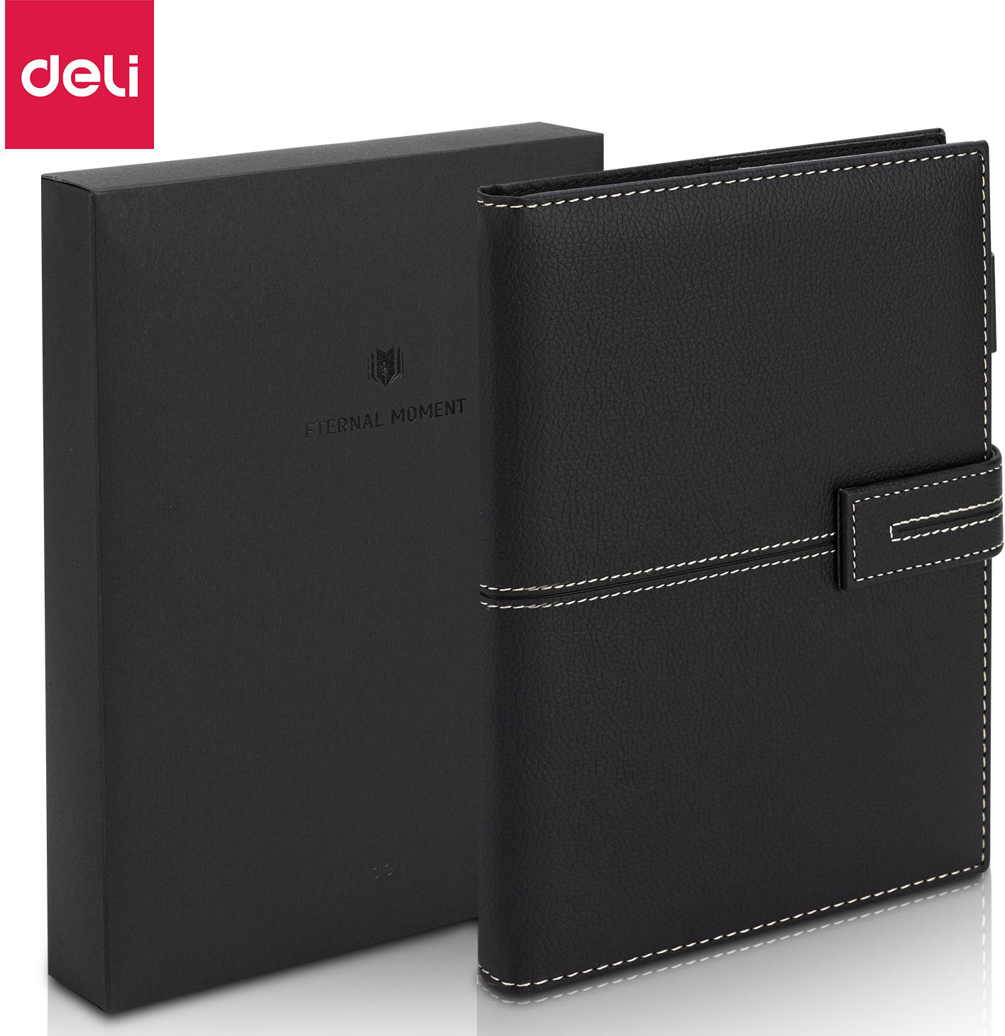 ბლოკნოტი ტყავის ყდით, უჯრა, კალმით Deli A5 120 ფურცელი · საკანცელარიო